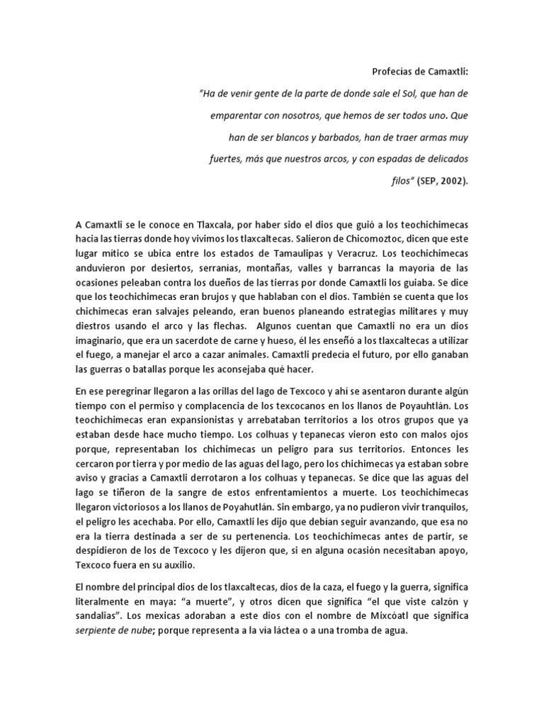 Profecías de Camaxtli y los Teochichimecas | PDF