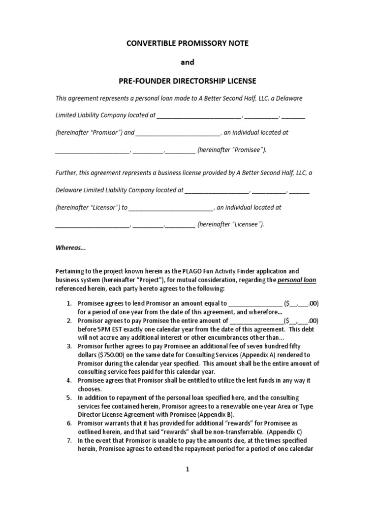 Pre-Founder Directorship License and Convertible Promissory Note Revised | PDF | License | Loans