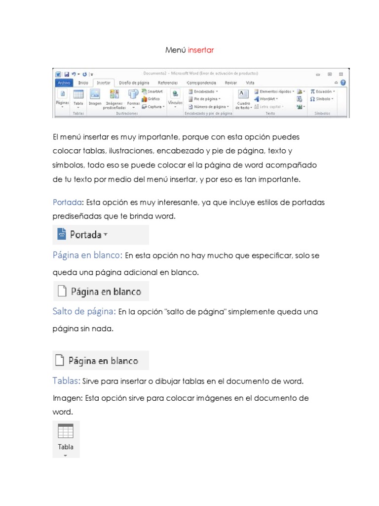 Pestaña Insertar Word | PDF