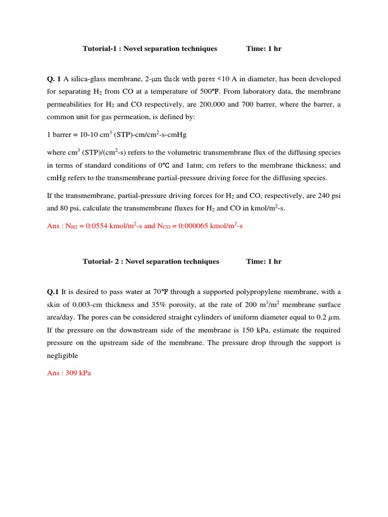 Tutorial techniques for novel separations | PDF | Membrane | Solution