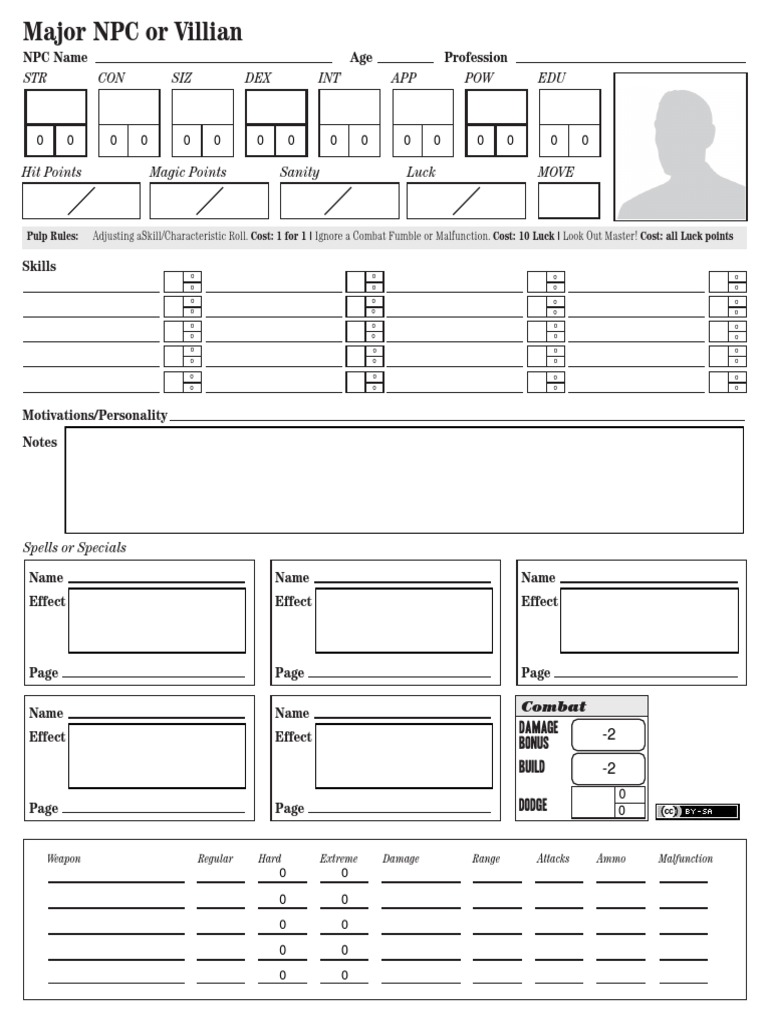 COC7e PULP NPC Sheet Villian or Major NPC FormFillable | PDF | Role ...
