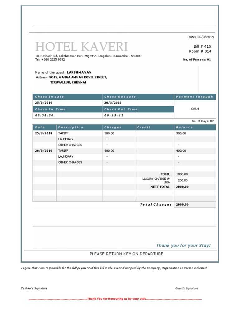 Hotel Bill | PDF | Services (Economics) | Service Industries