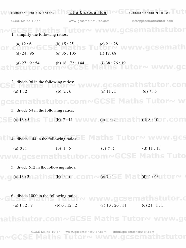 Ratio & Proportion: Number - Ratio & Propn. Question Sheet N-RP-01 | PDF