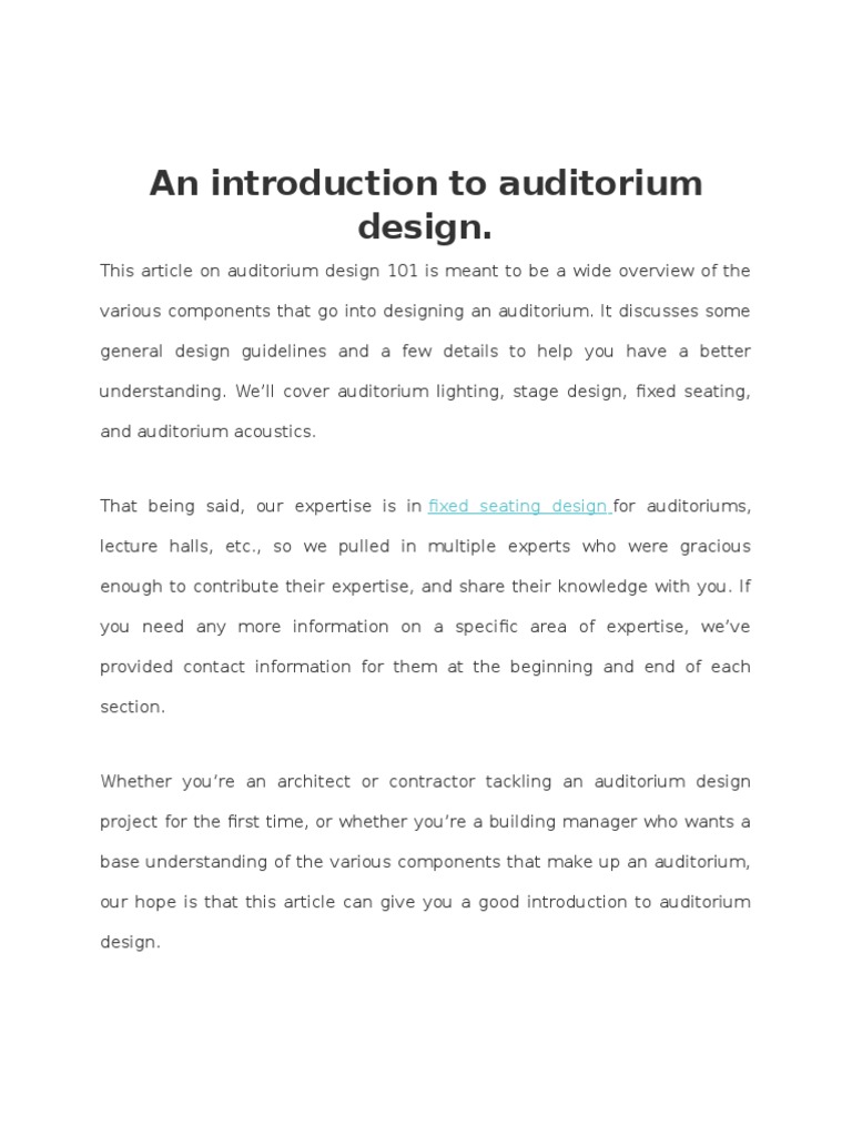 An Introduction To Auditorium Design | PDF | Lighting | Sound