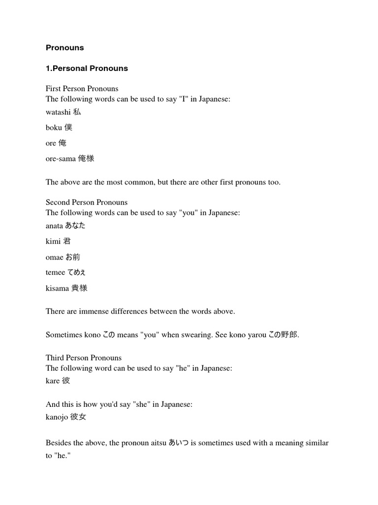 Pronouns 1.personal Pronouns | PDF | Japanese Language | English Language