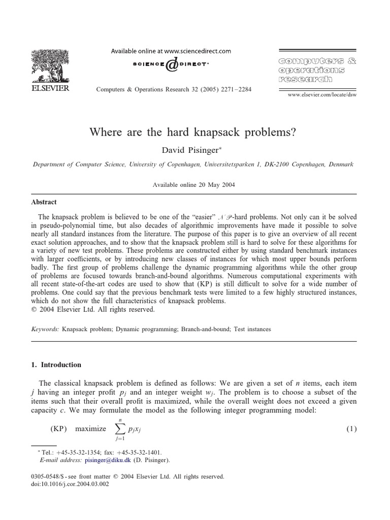 (David Pisinger) Where Are The Hard Knapsack Problems | PDF | Dynamic Programming | Time Complexity