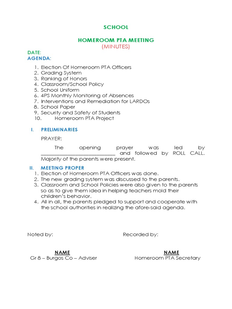 Homeroom PTA Meeting Minutes Sample | PDF | Science & Mathematics