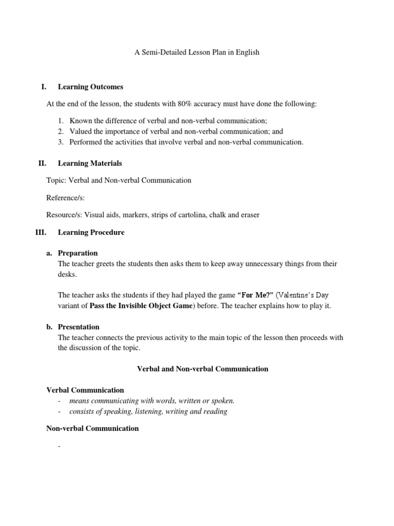 A Semi-Detailed Lesson Plan in English SHS (Verbal-Nonverbal ...