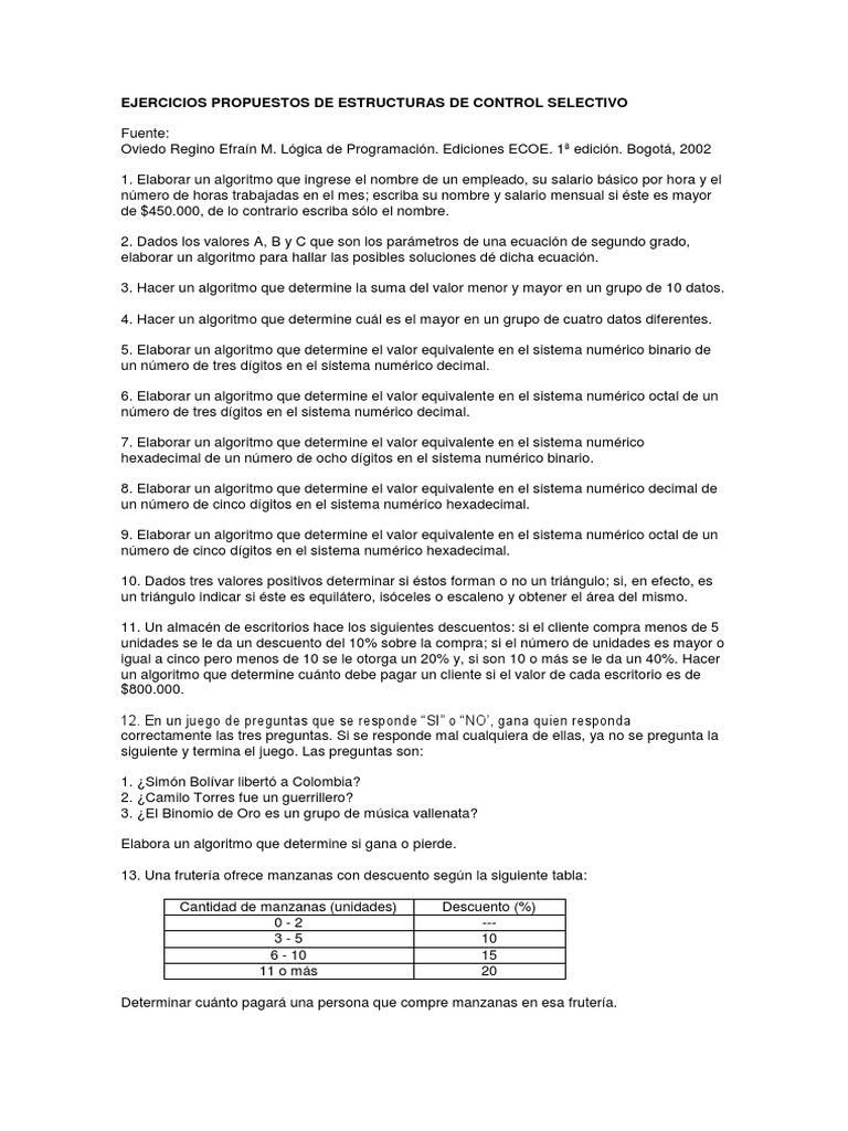 Ejercicios Propuestos de Estructuras de Control Selectivo 1 | PDF ...