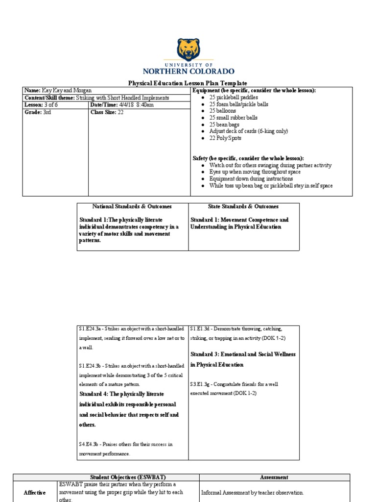 Physical Education Lesson Plan Template | PDF | Physical Education | Goal