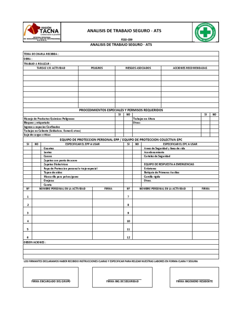 Fsso-039.Formato Ats Analisis Trabajo Seguro | Science | Ingeniería