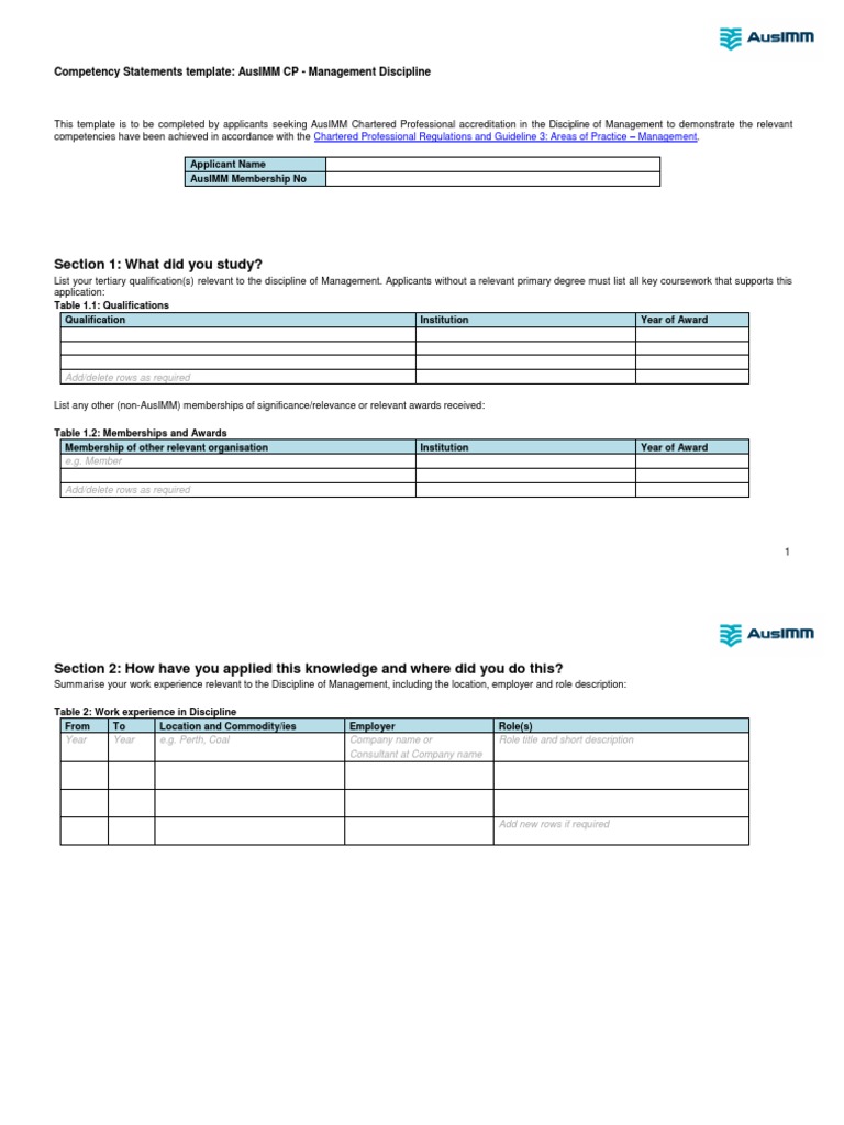 Section 1: What Did You Study?: Competency Statements Template: Ausimm ...