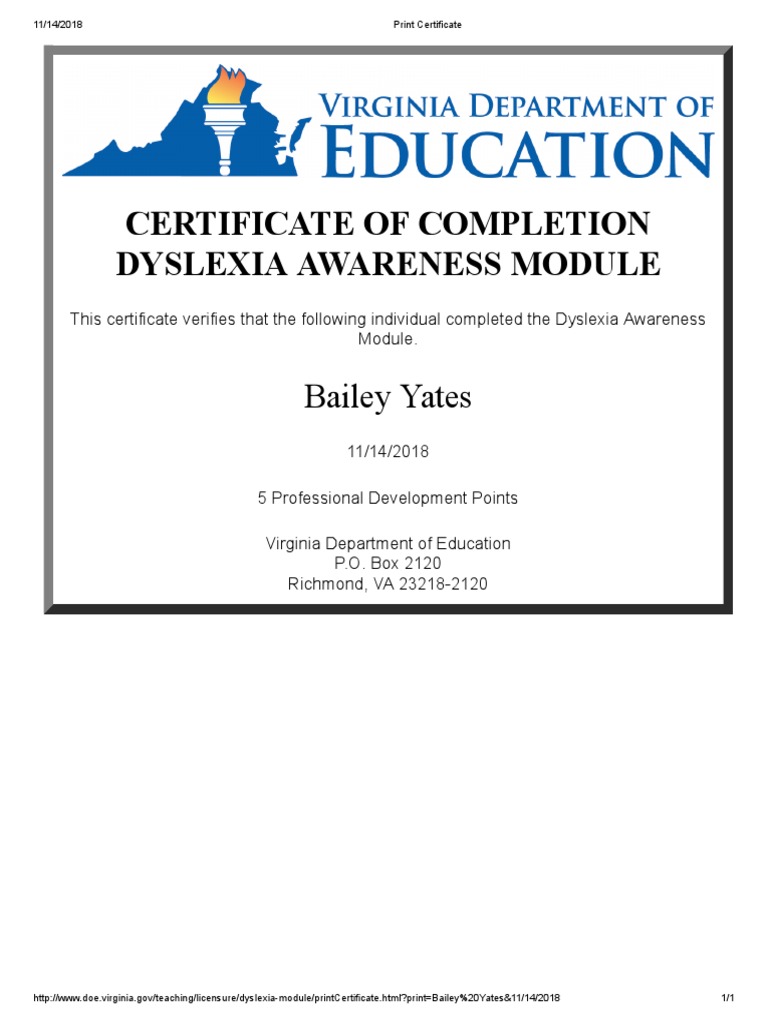 Certificate of Completion Dyslexia Awareness Module: Bailey Yates | PDF