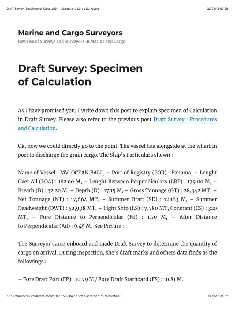 Draft Survey - Specimen of Calculation - Marine and Cargo Surveyors ...