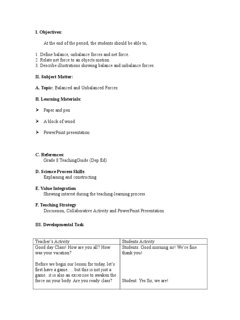 Balanced vs. Unbalanced Forces Lesson | PDF | Gravity | Force