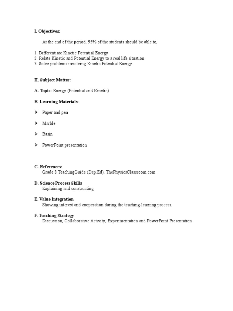 Potential and Kinetic Energy Lesson Plan | PDF | Kinetic Energy ...