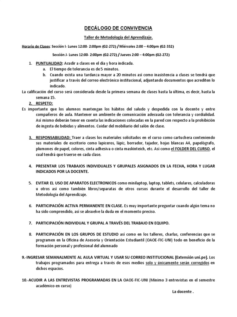 Decálogo de Convivencia | PDF | Salón de clases | Aprendizaje