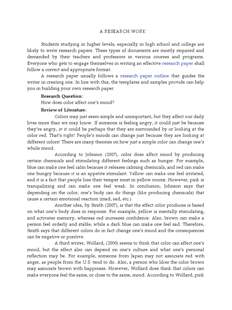 Research Question:: Research Paper Research Paper Outline | PDF | Mood ...