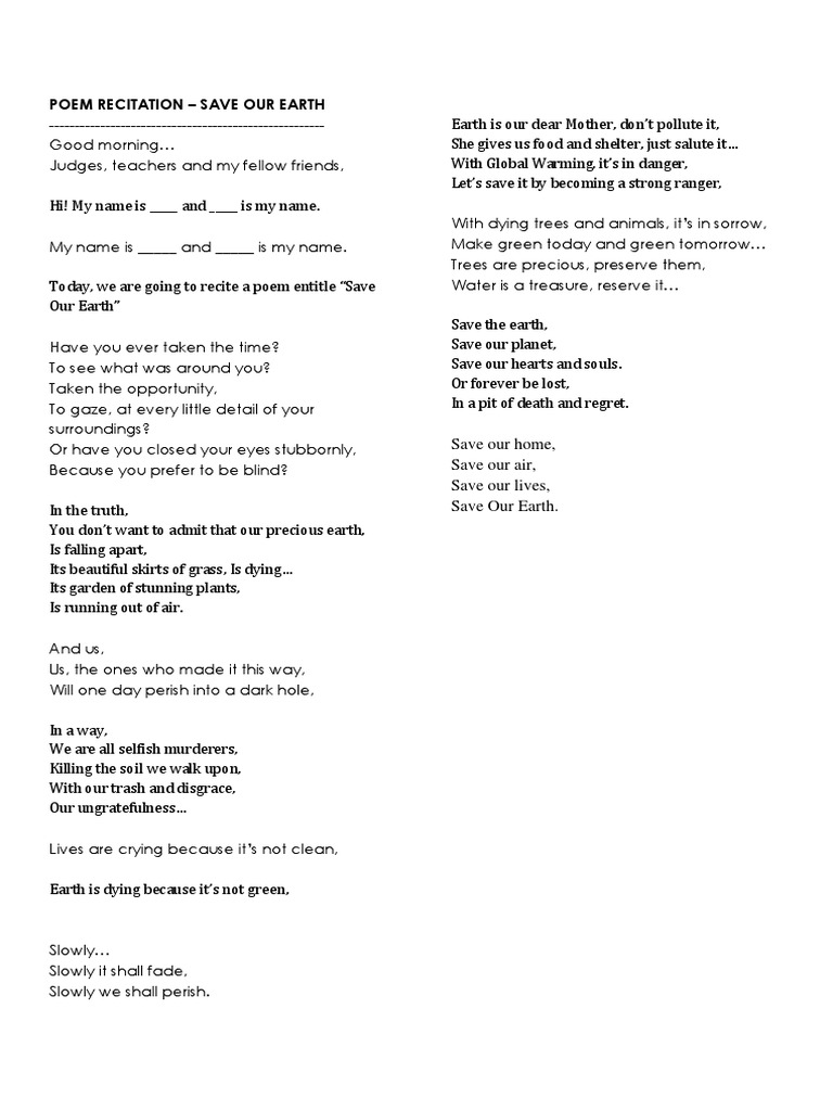 Poem Recitation - Save Our Earth: Save Our Home, Save Our Air, Save Our ...