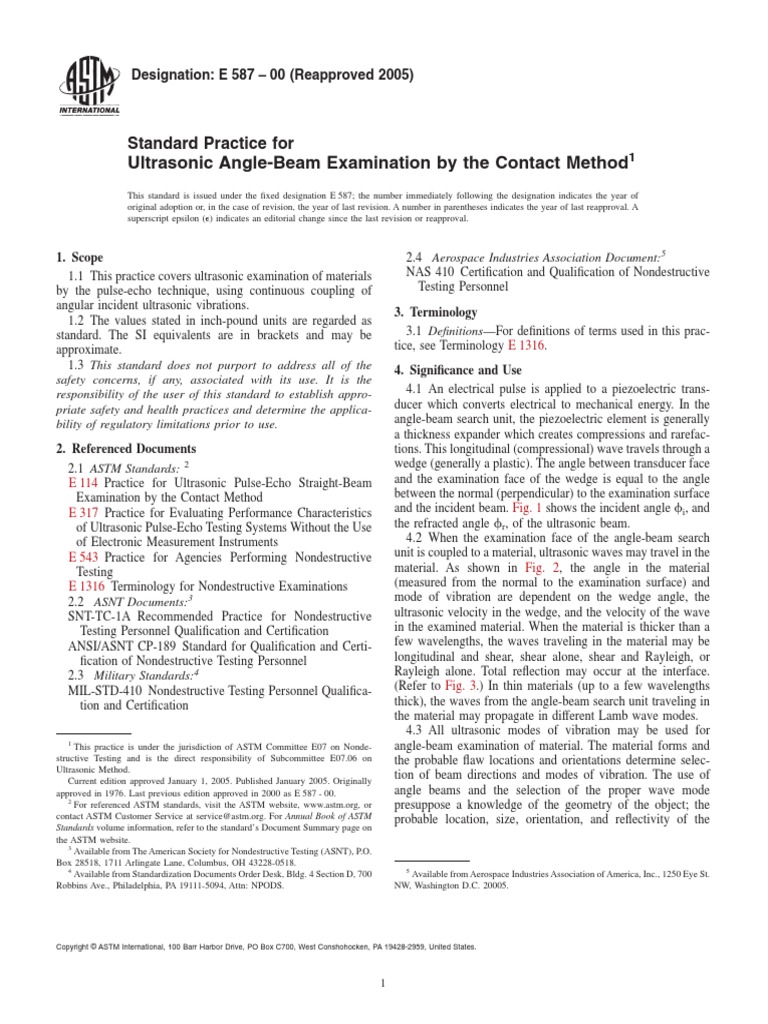 Astm E587 | PDF | Nondestructive Testing | Reflection (Physics)