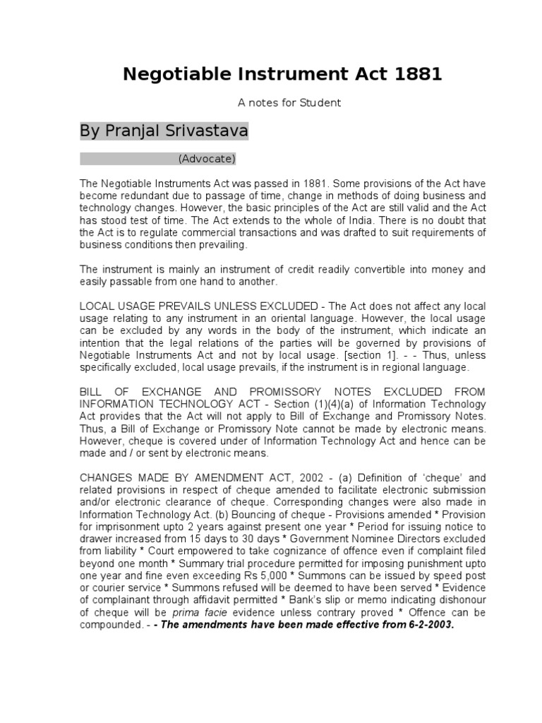 Notes On Negotiable Instrument Act 1881 Pdf Negotiable Instrument