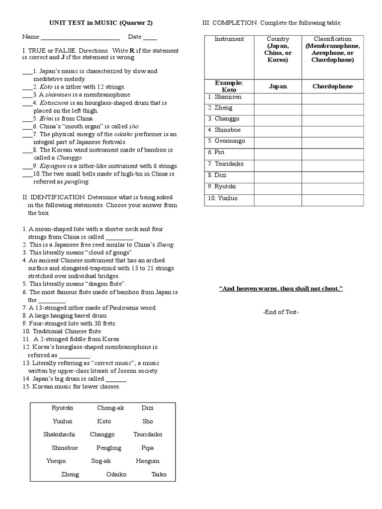 Music Unit Test: Asia Instruments | PDF | Musical Instruments | String ...