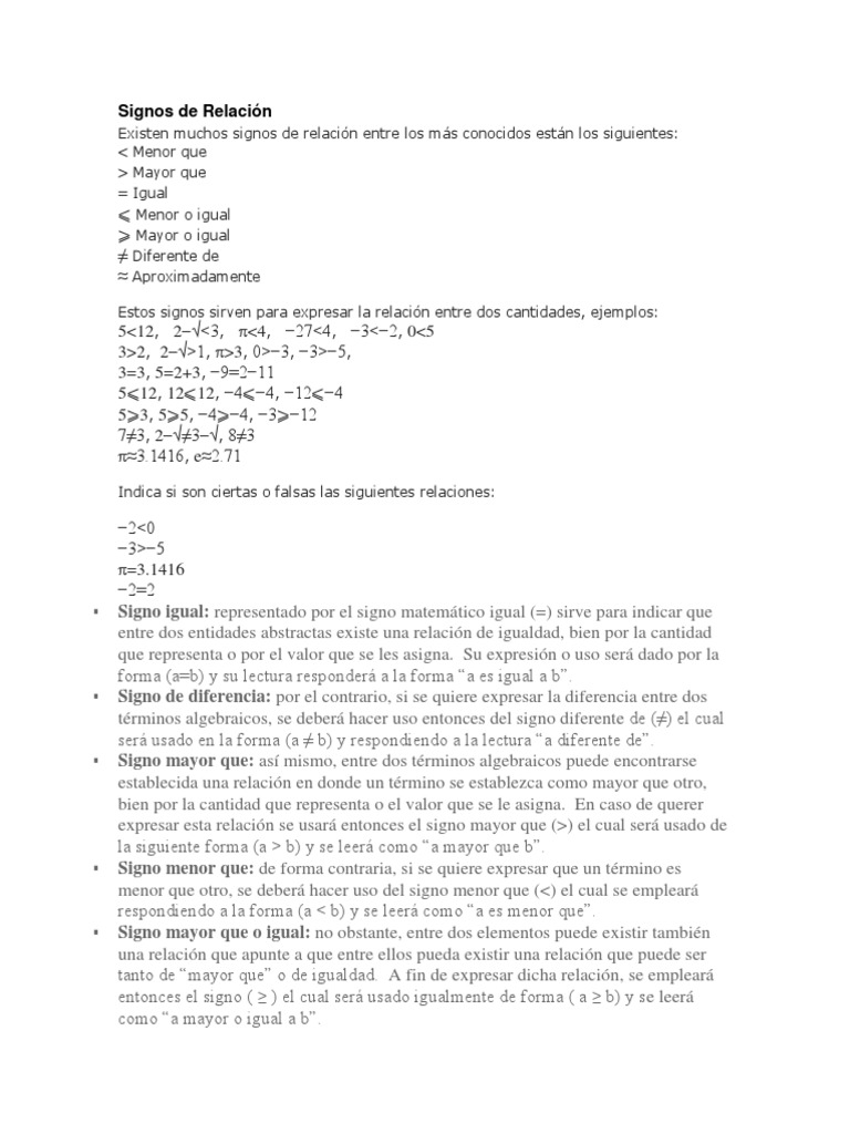 Signos de Relación en Matemáticas | PDF | Fracción (Matemáticas ...