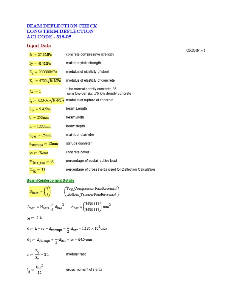Input Data: Beam Deflection Check Long Term Deflection ACI CODE - 318 ...