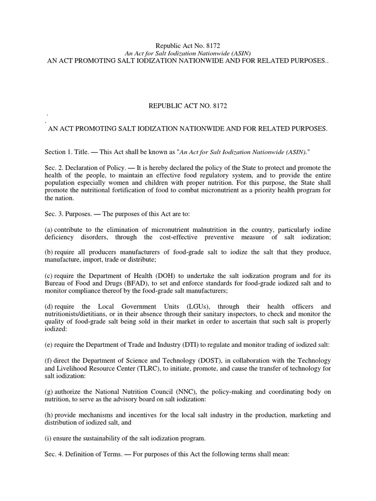 PHL 1995 Act For Salt Iodization Nationwide | PDF | Micronutrient ...