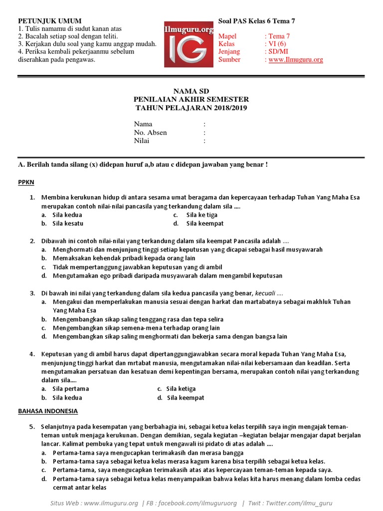 Ilmuguru - Org - Soal PAS Kelas 6 Tema 7 | PDF
