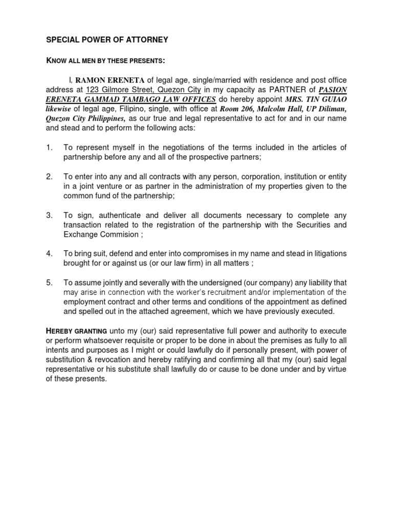 SPA Sample Philippines | PDF | Partnership | Power Of Attorney