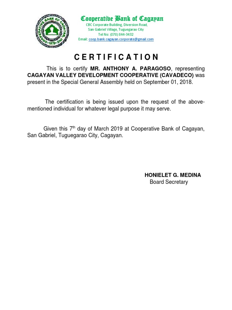 Certification: Cooperative Bank of Cagayan | PDF