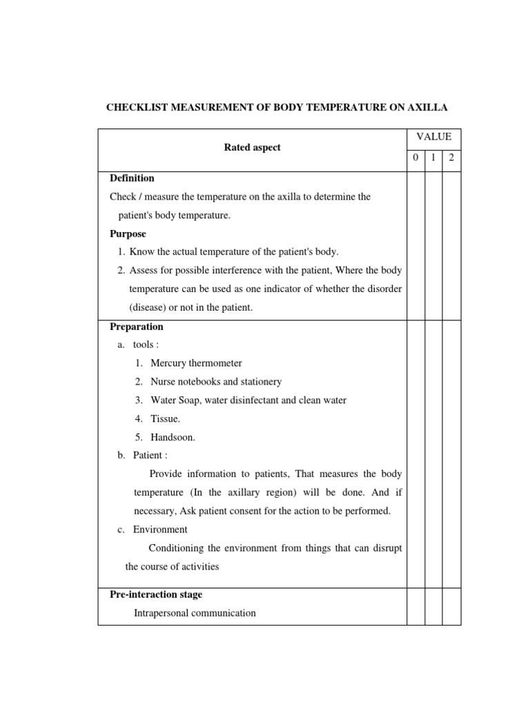 Checklist Measurement of Body Temperature On Axilla | PDF | Thermometer ...