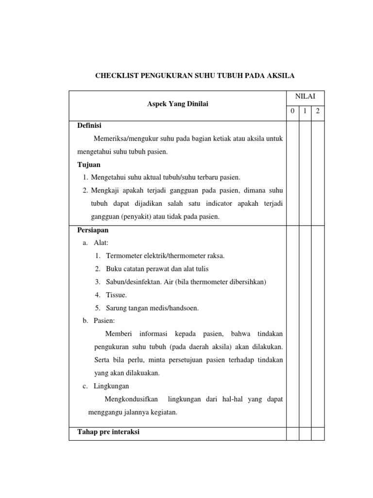 Checklist Pengukuran Suhu Tubuh Pada Aksila | PDF