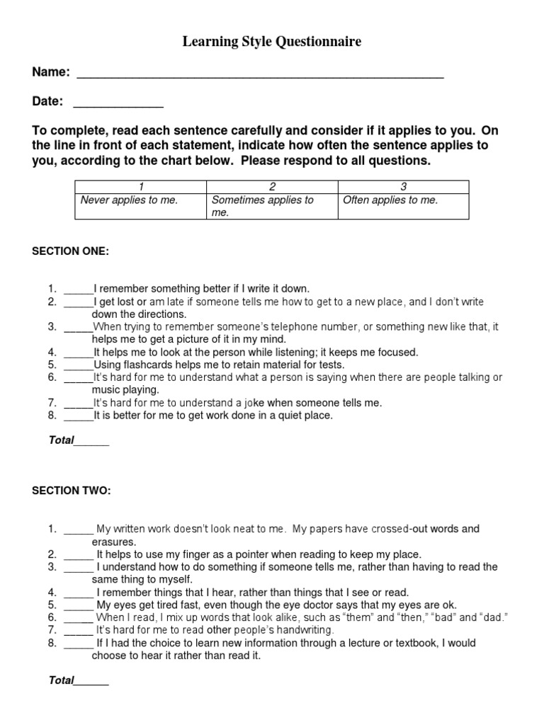 Learning Style Questionnaire | PDF | Psychological Concepts | Cognitive ...