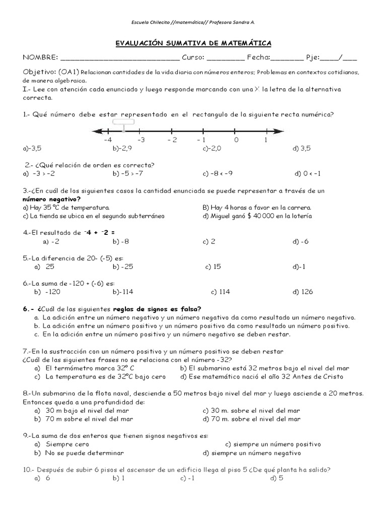 Evaluación Sumativa de Matemática | PDF | Multiplicación | Entero