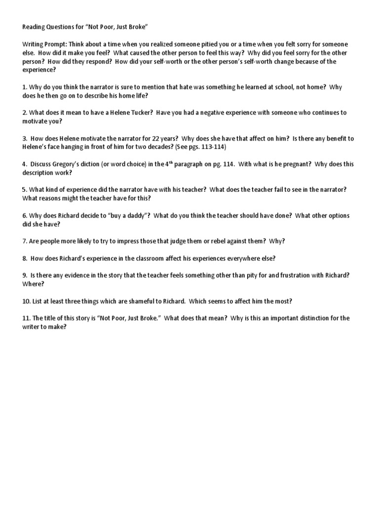 Reading Questions For Not Poor Just Broke | PDF