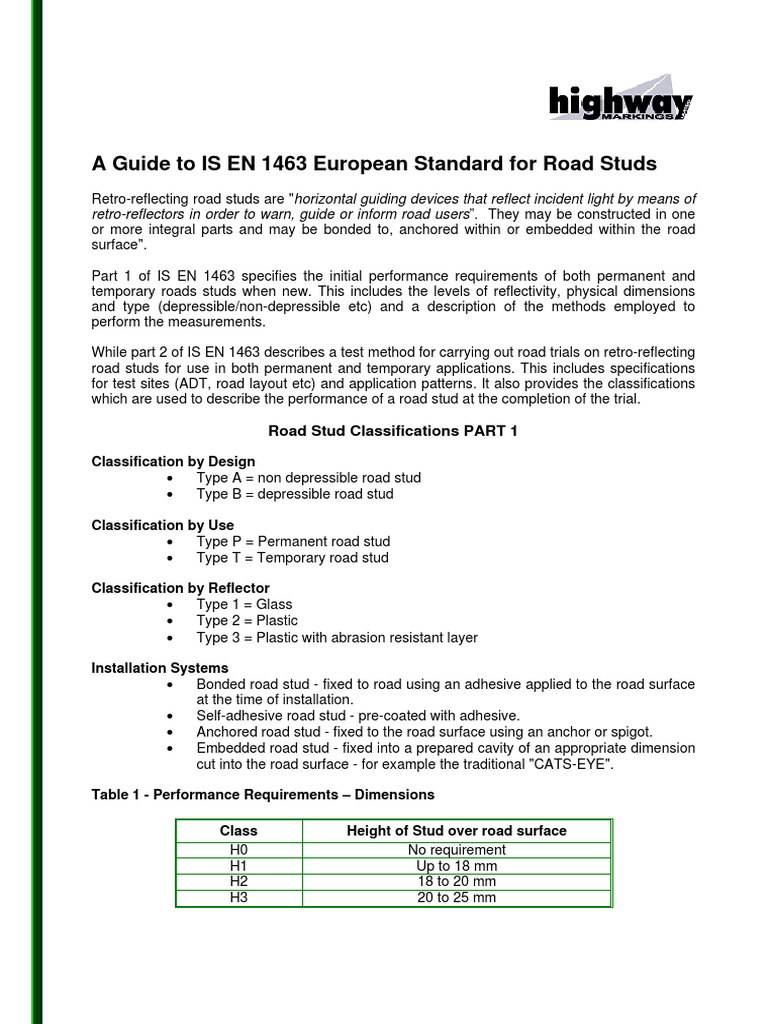A Guide To IS EN 1463 European Standard For Road Studs | PDF | Road ...