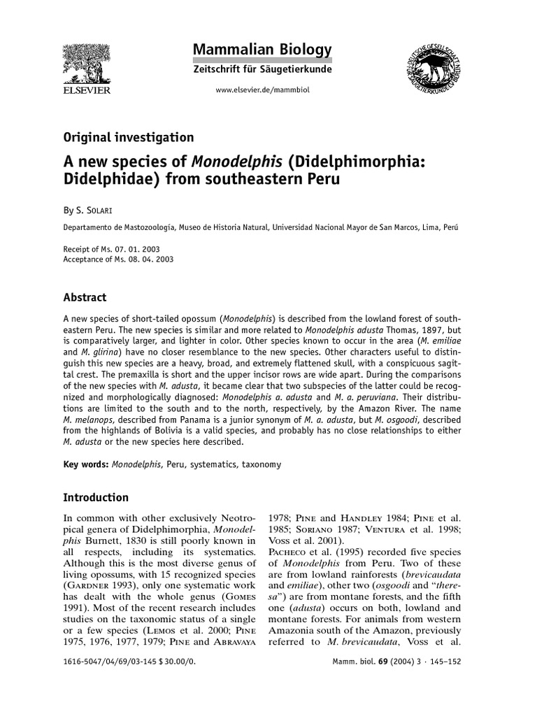 A New Species of Monodelphis (Didelphimorphia: Didelphidae) From ...