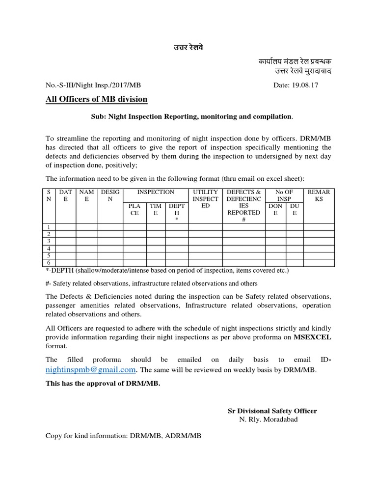 All Officers of MB Division: Sub: Night Inspection Reporting ...