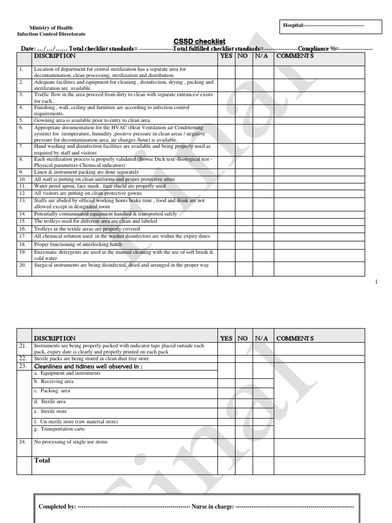 CSSD Audit Check List PDF | PDF | Sterilization (Microbiology) | Infection Control