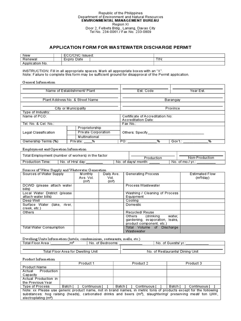Wastewater Discharge Permit Application Form | PDF | Wastewater | Water