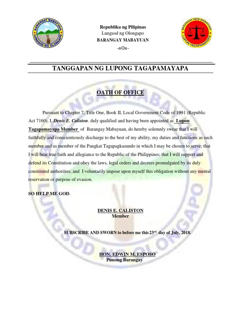 Oath of Office - Lupon | PDF