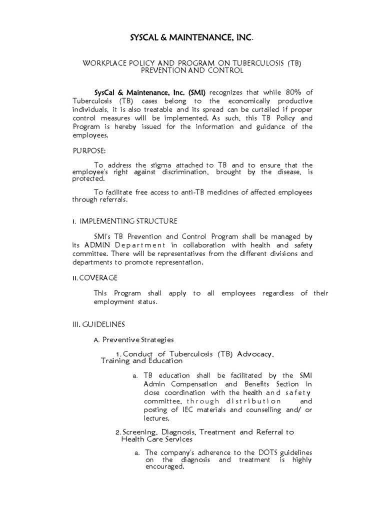 Workplace Policy & Program On Tuberculosis (TB) Prevention & ControL ...