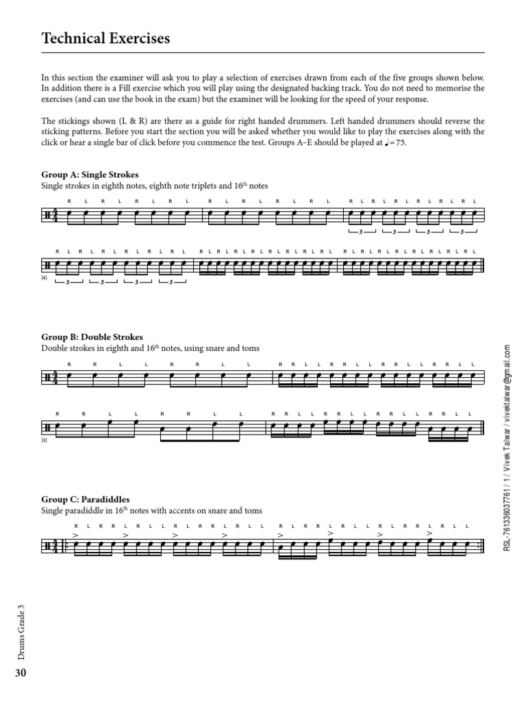 Technical Exercises: Group A: Single Strokes | PDF | Drum Kit | Test ...