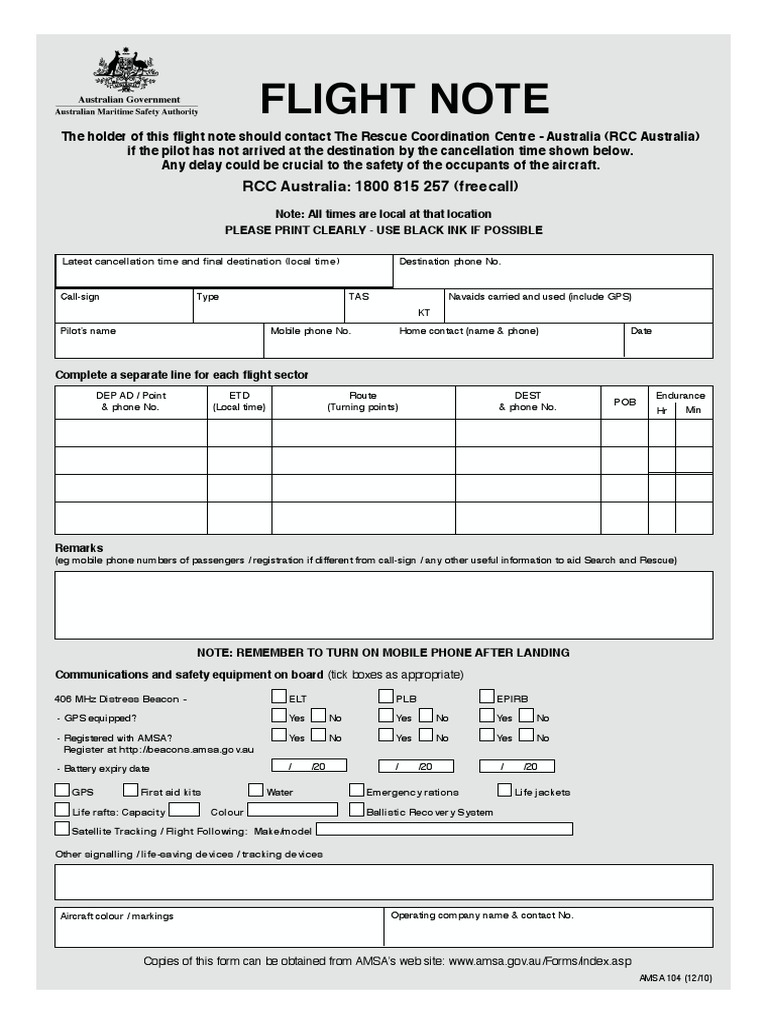 Flight Note: RCC Australia: 1800 815 257 (Freecall) | PDF | Emergency ...