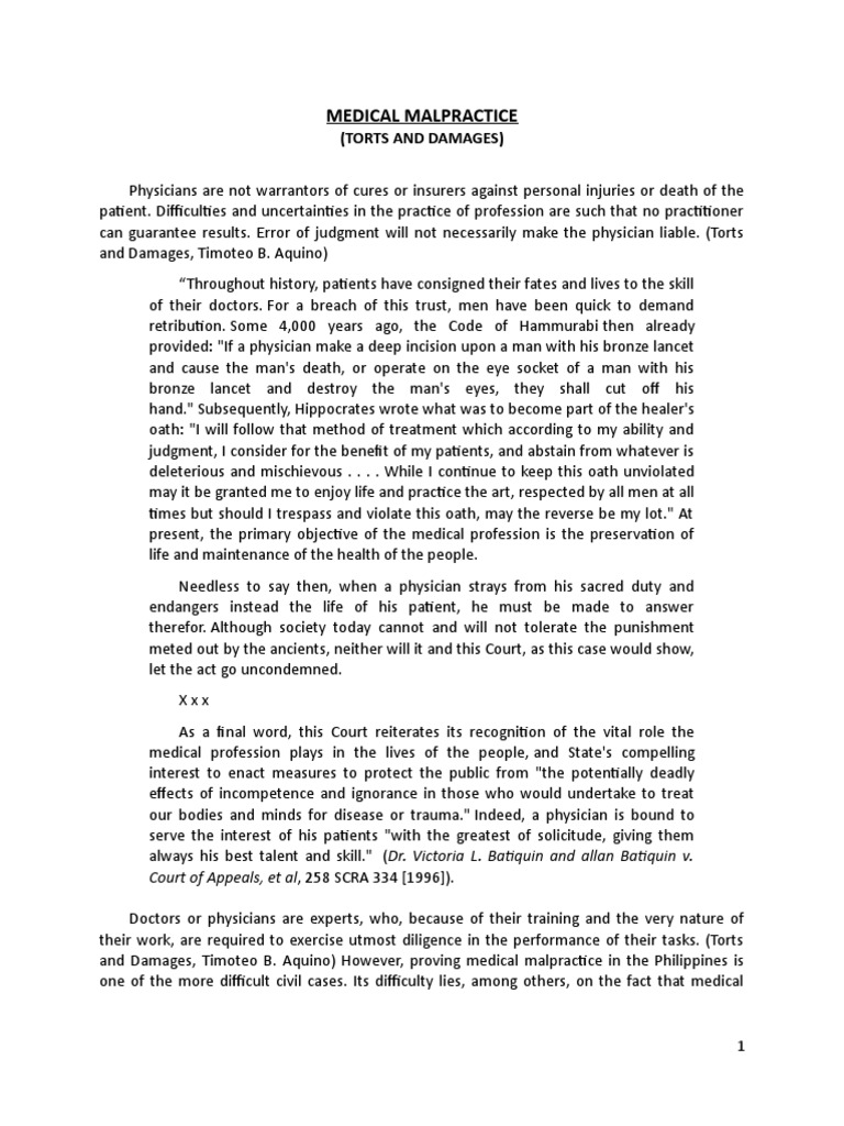 Medical Malpractice: (Torts and Damages) | PDF | Negligence | Physician