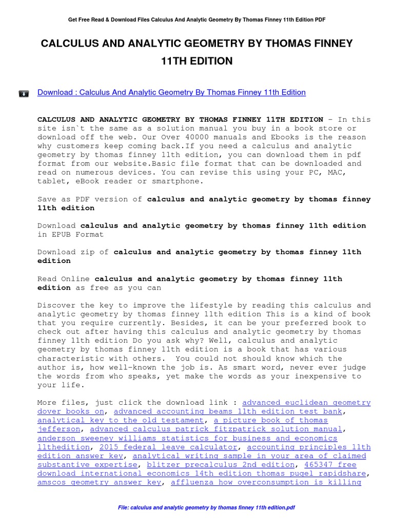 Calculus And Analytic Geometry By Thomas Finney 11th Edition Pdf E