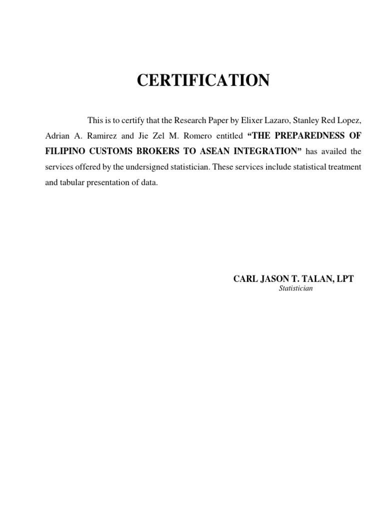 Certification: Filipino Customs Brokers To Asean Integration" Has Availed The | PDF