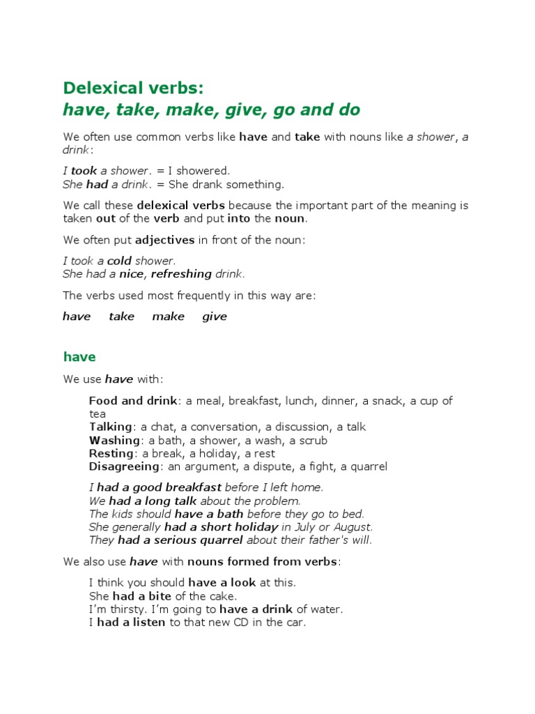 Have, Take, Make, Give, Go and Do: Delexical Verbs | Download Free PDF ...